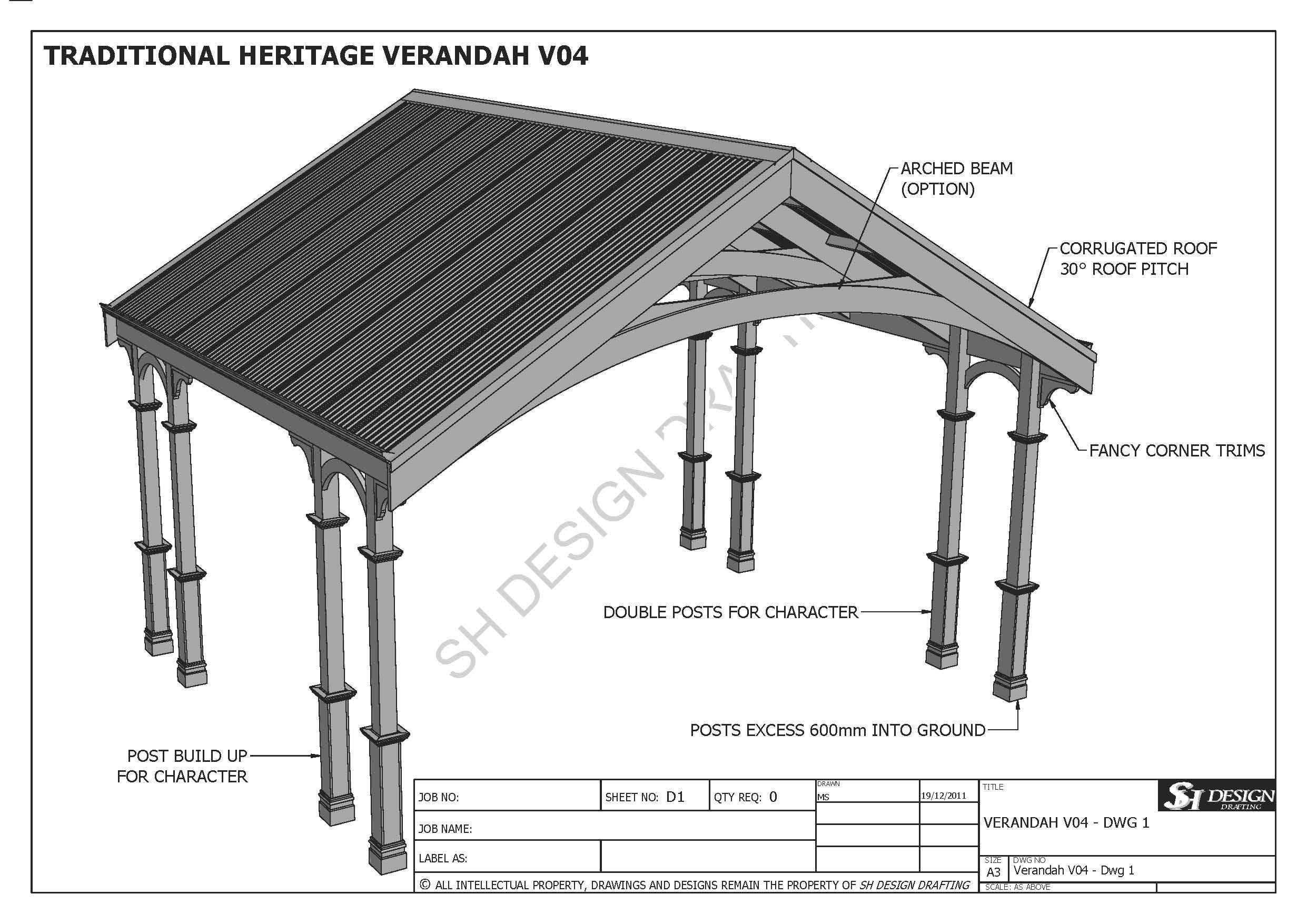 Traditional Heritage Carport / Verandah - V04 - Full Building Plans in 3D and 2D (metric ...