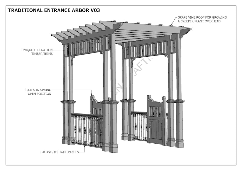 Grape Vine Entrance Arbor - With Gates and Balustrade V3 - Building ...