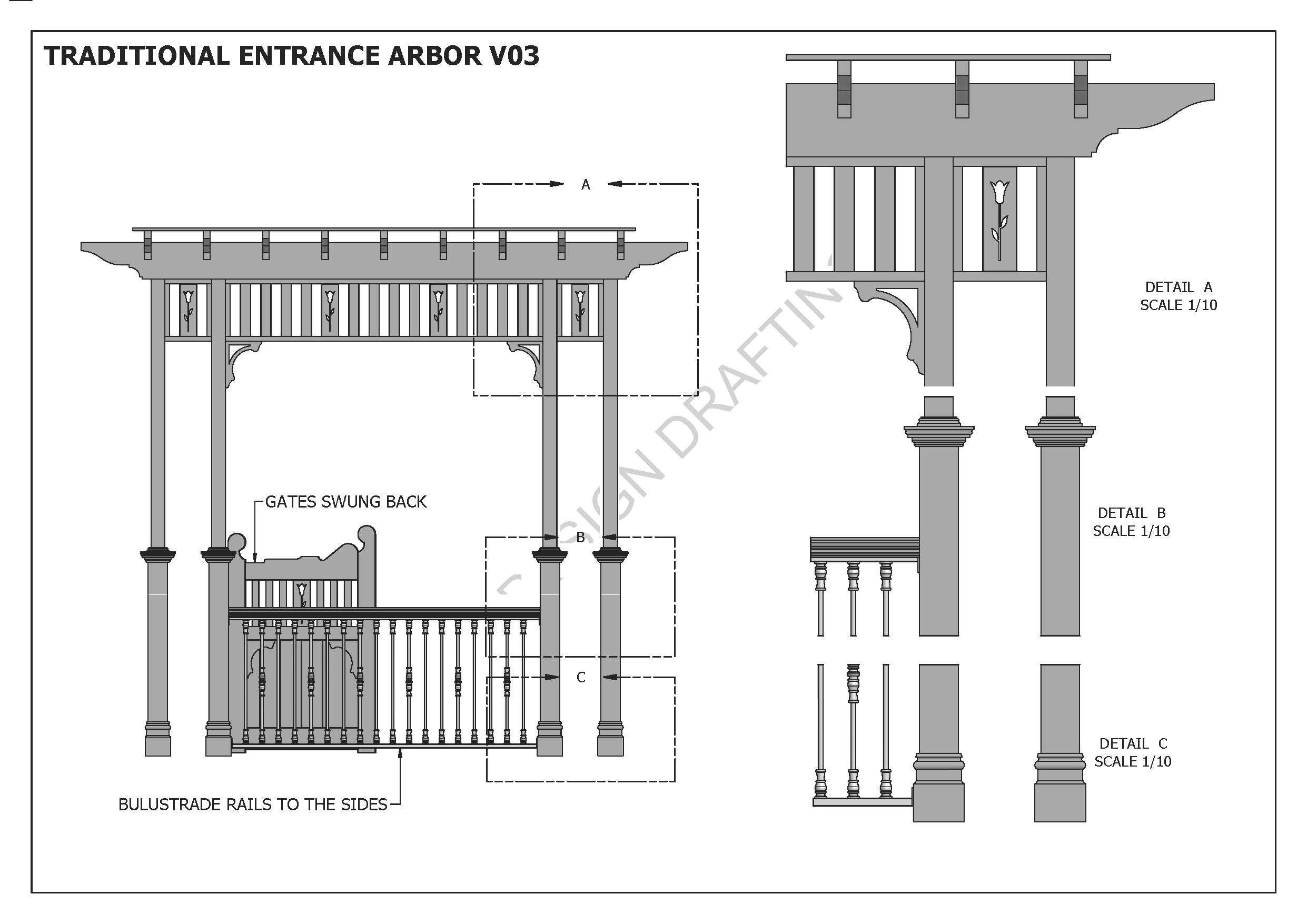 Grape Vine Entrance Arbor With Gates and Balustrade V3 Building Plans ...