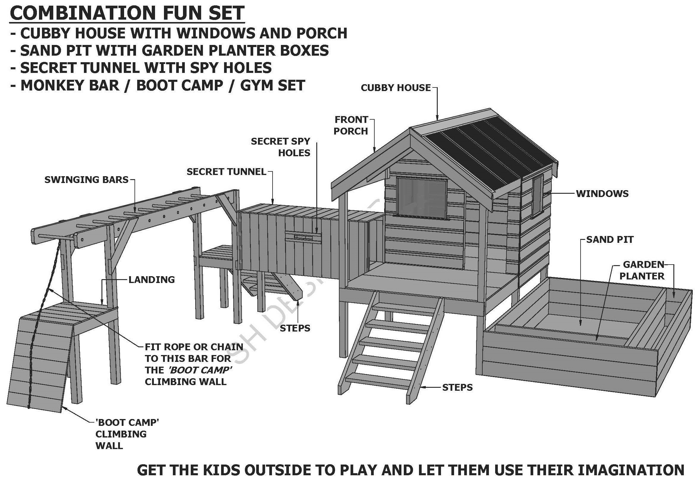Cubby House Playhouse V03 Combination With Sand Pit Tunnel Play Gym ...