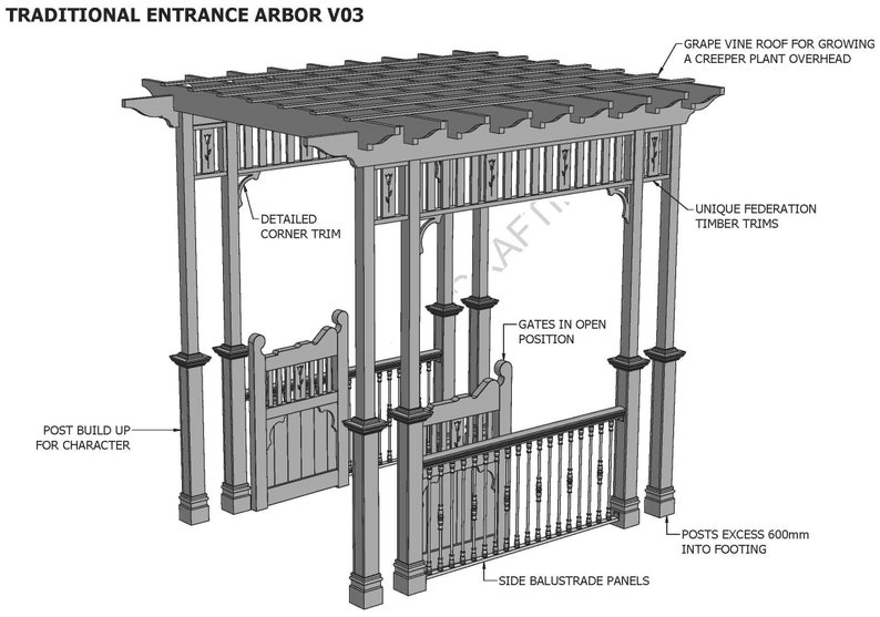 Grape Vine Entrance Arbor - With Gates and Balustrade V3 - Building ...