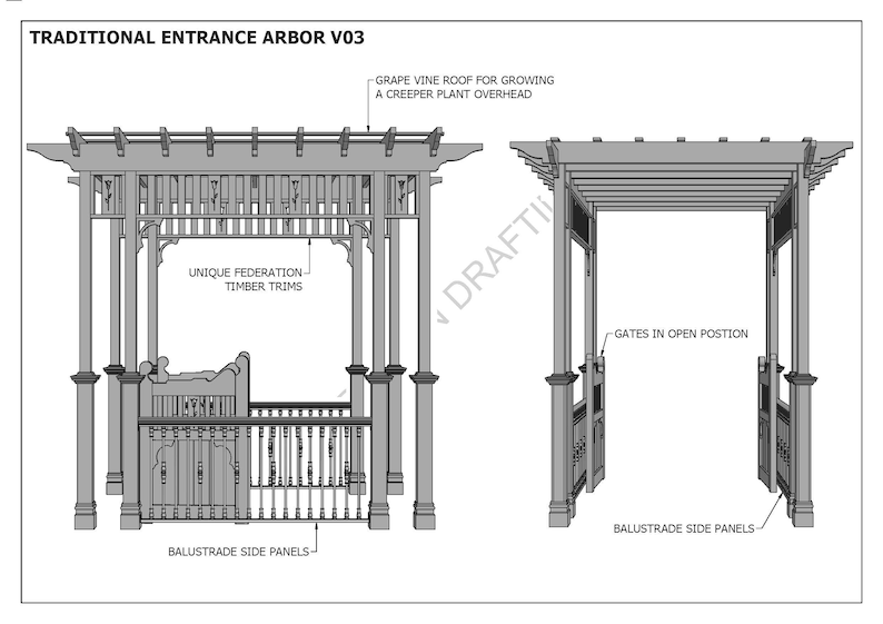 Grape Vine Entrance Arbor - With Gates and Balustrade V3 - Building ...