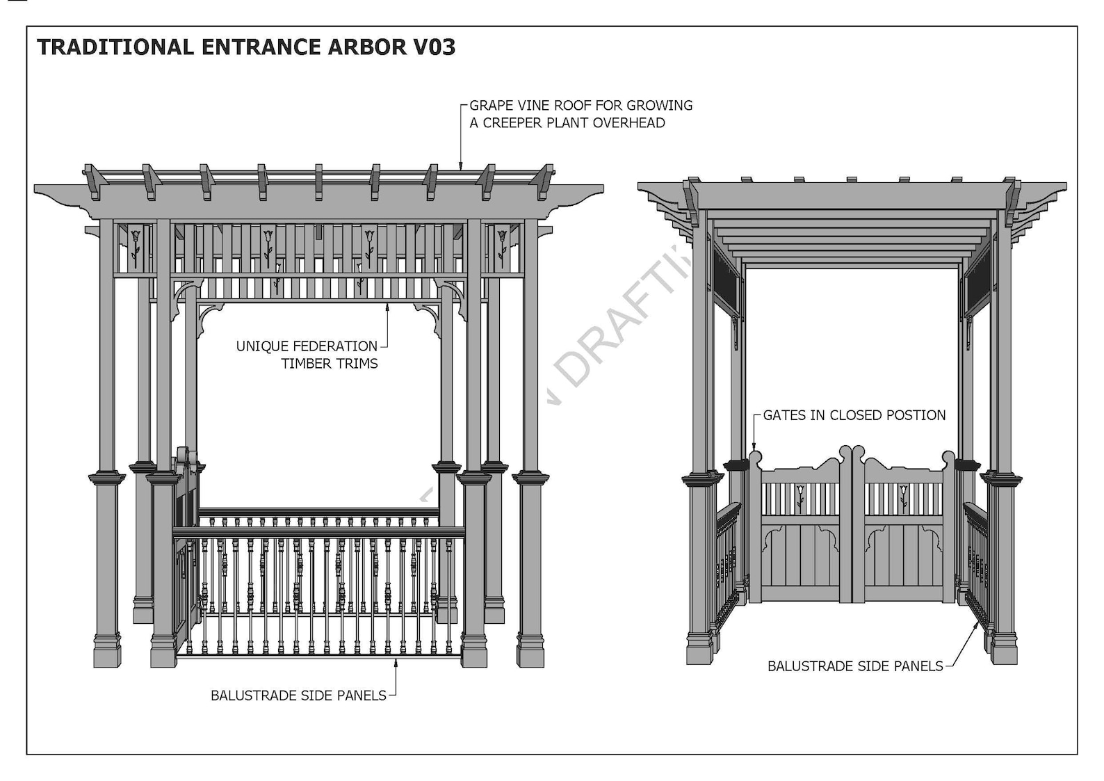 Grape Vine Entrance Arbor - With Gates and Balustrade V3 - Building ...