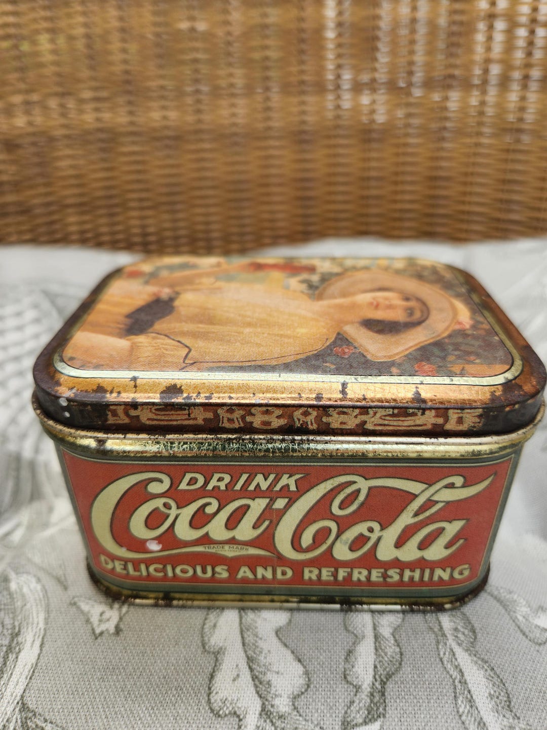 Vintage Tin Metal Coca Cola Container Lady in Hat 1980's Bristol Ware ...
