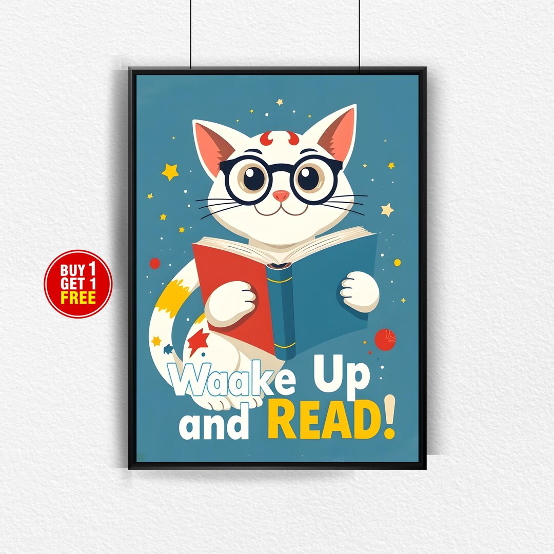 Wake up and Read Cat Reading Poster , Wall Decor ,study Room Art , Gift ...
