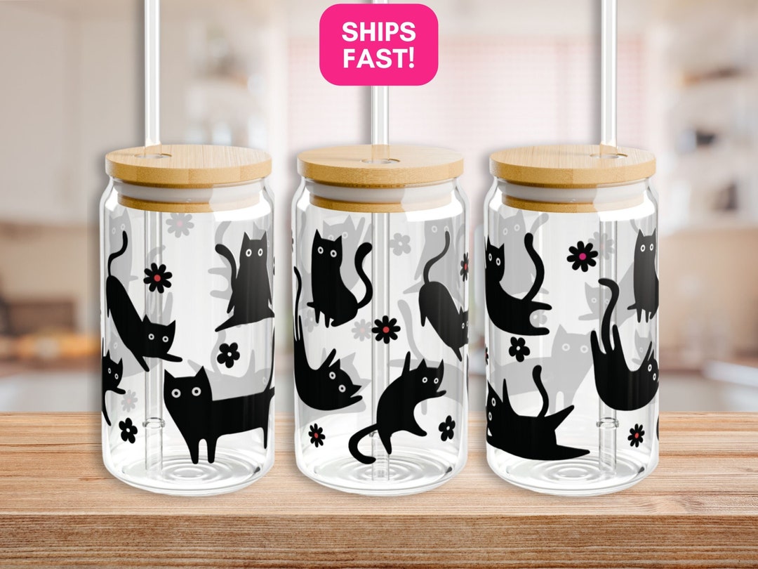 Cute Black Cat Glass Can, Black Cat Frosted Tumbler Gift for Cat Lovers ...