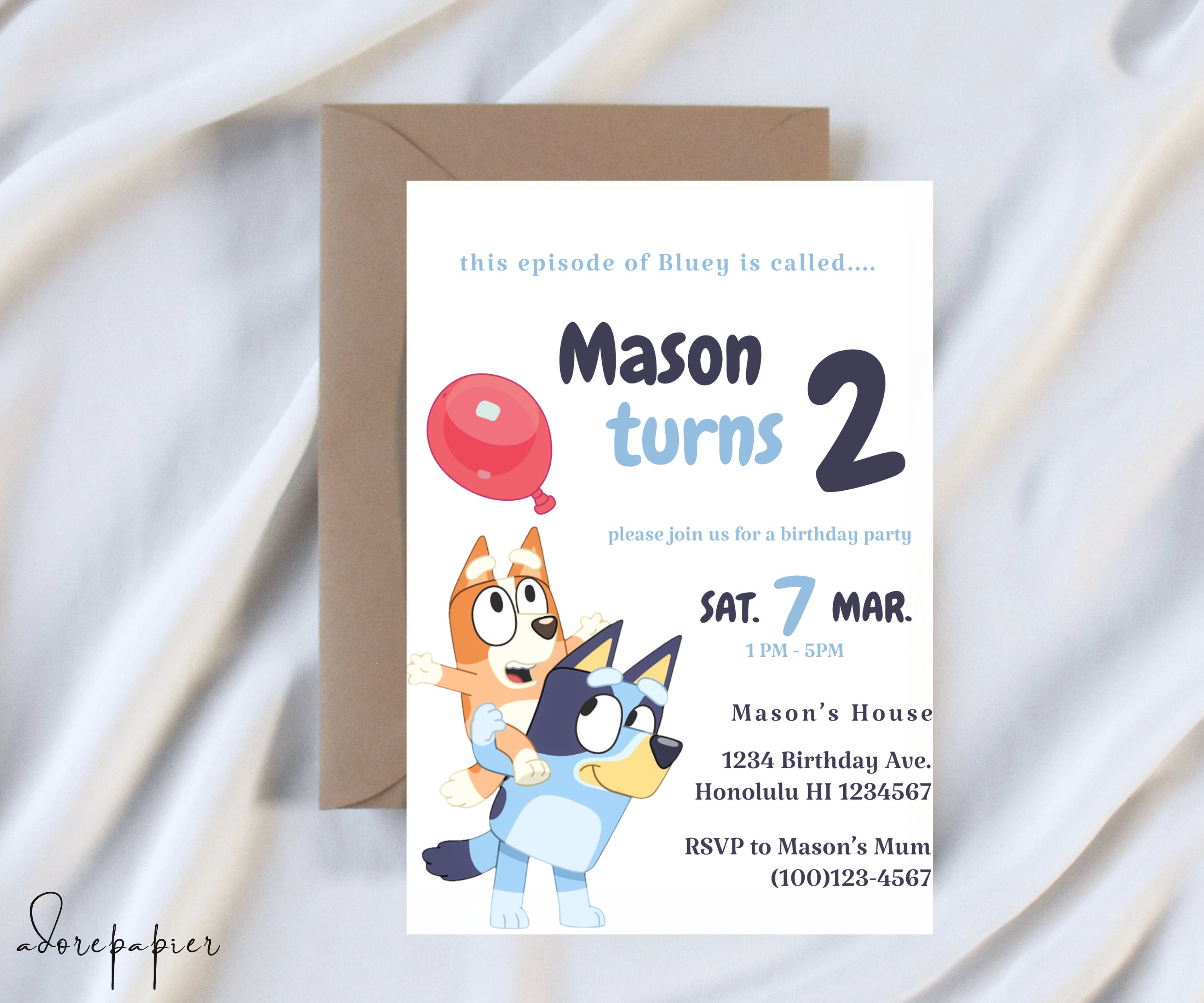 Bluey Kids Birthday Invitation, Bluey Theme Birthday Party, Bluey ...