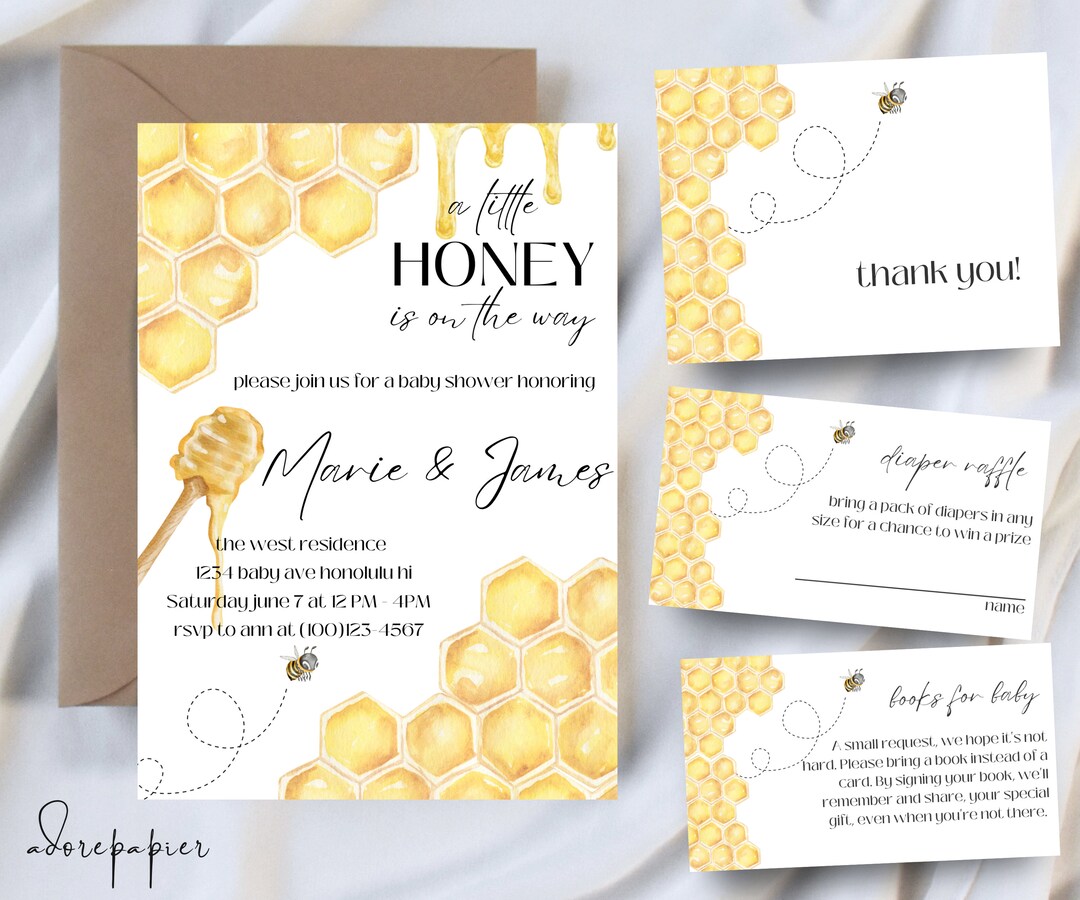 Editable Honey Bee Theme Little Honey Baby Shower Invitation Bundle ...
