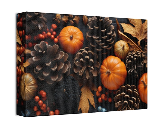 Fall Canvas Painting Warm Colors, Leaves, Pumpkins, Pinecones ...