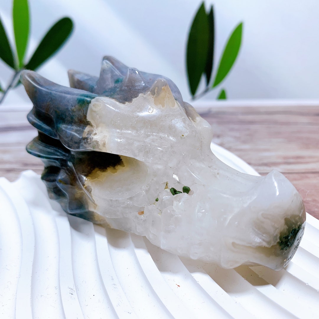 4natural Moss Agate Dragon Head Carvingcrystal Dragon - Etsy