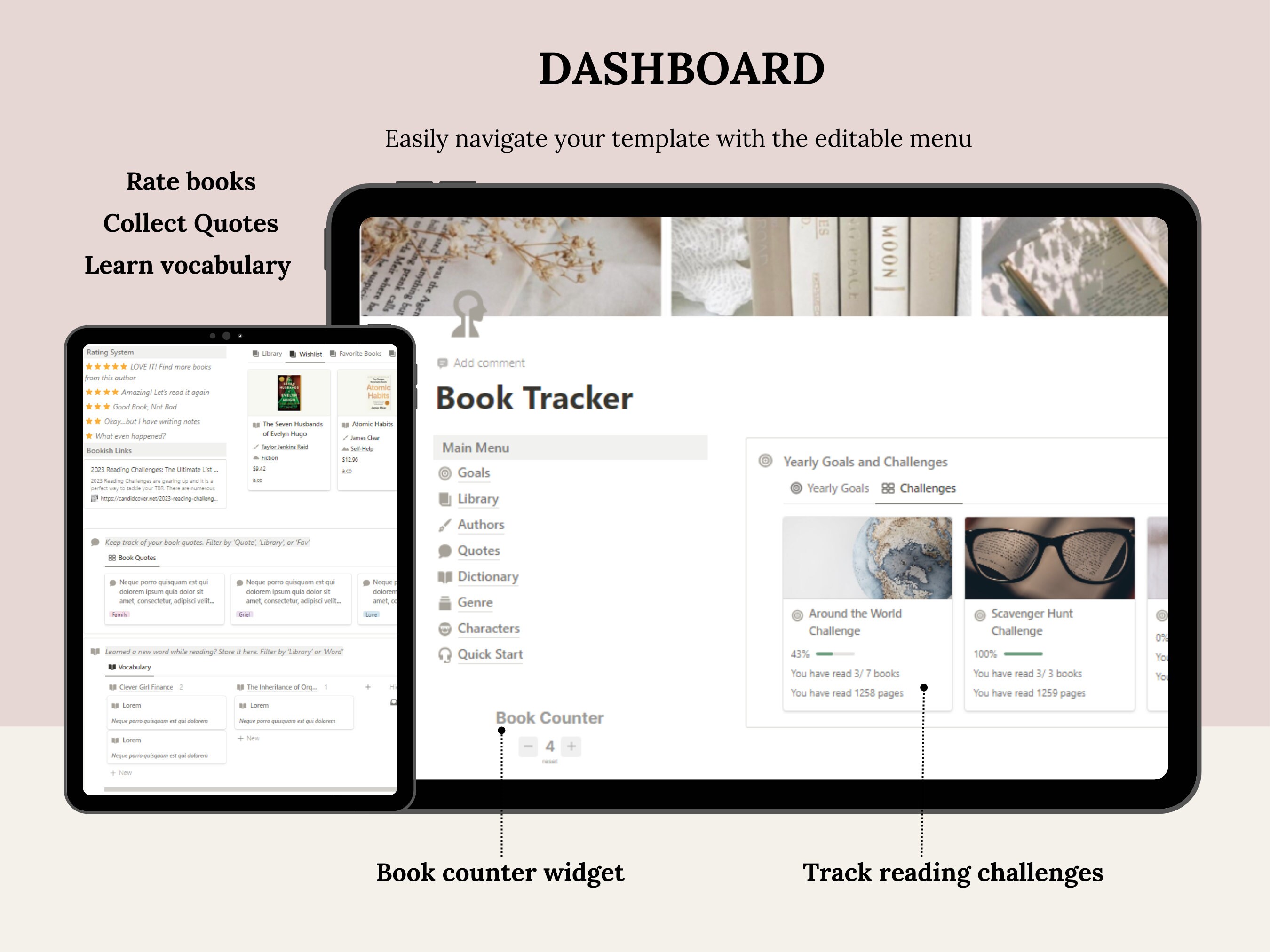 Notion Book Tracker, Reading Challenge Tracker Digital, Aesthetic Notion Sheet, Reading Log ...