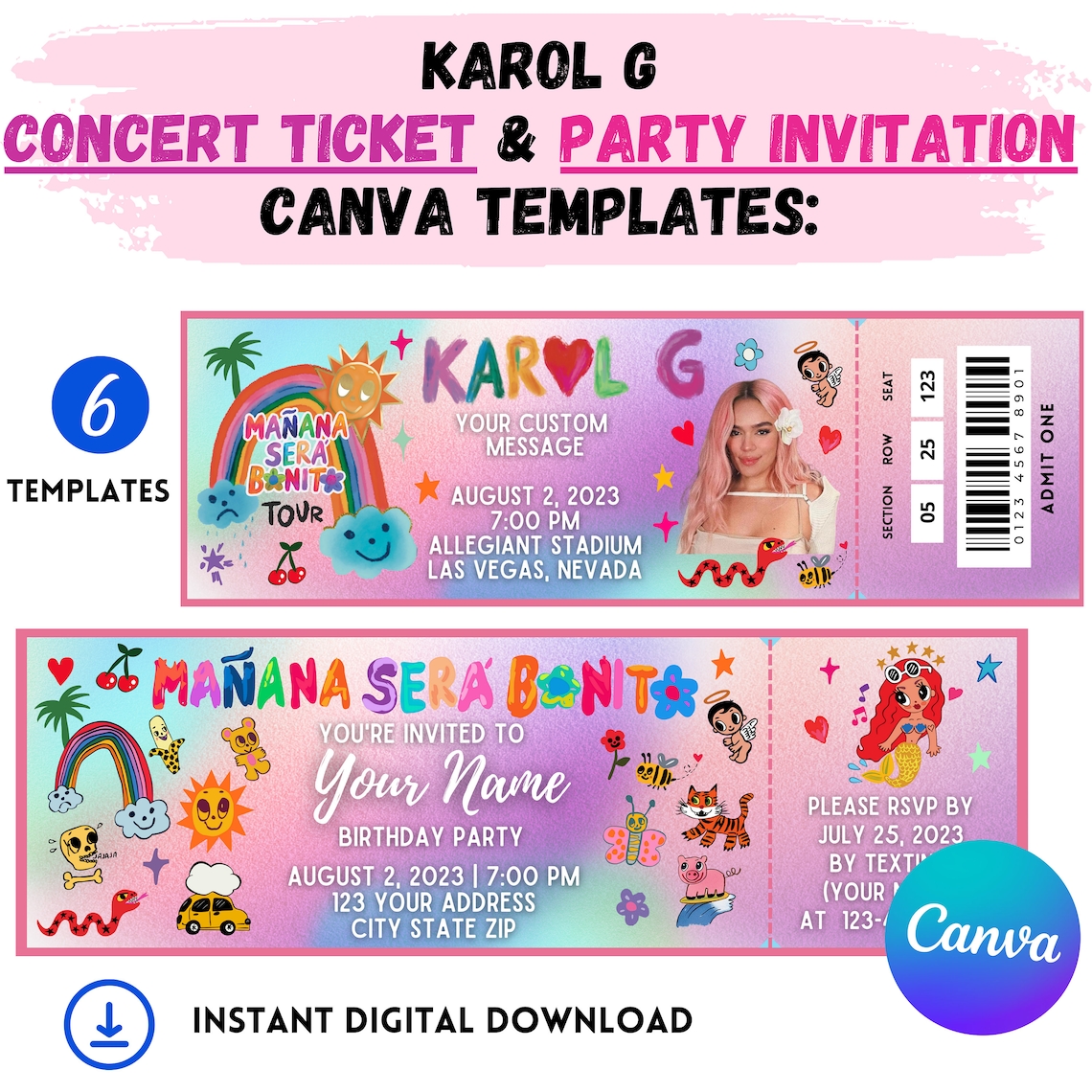 Karol G Concert Ticket & Party Invitation Canva Templates (digital ...