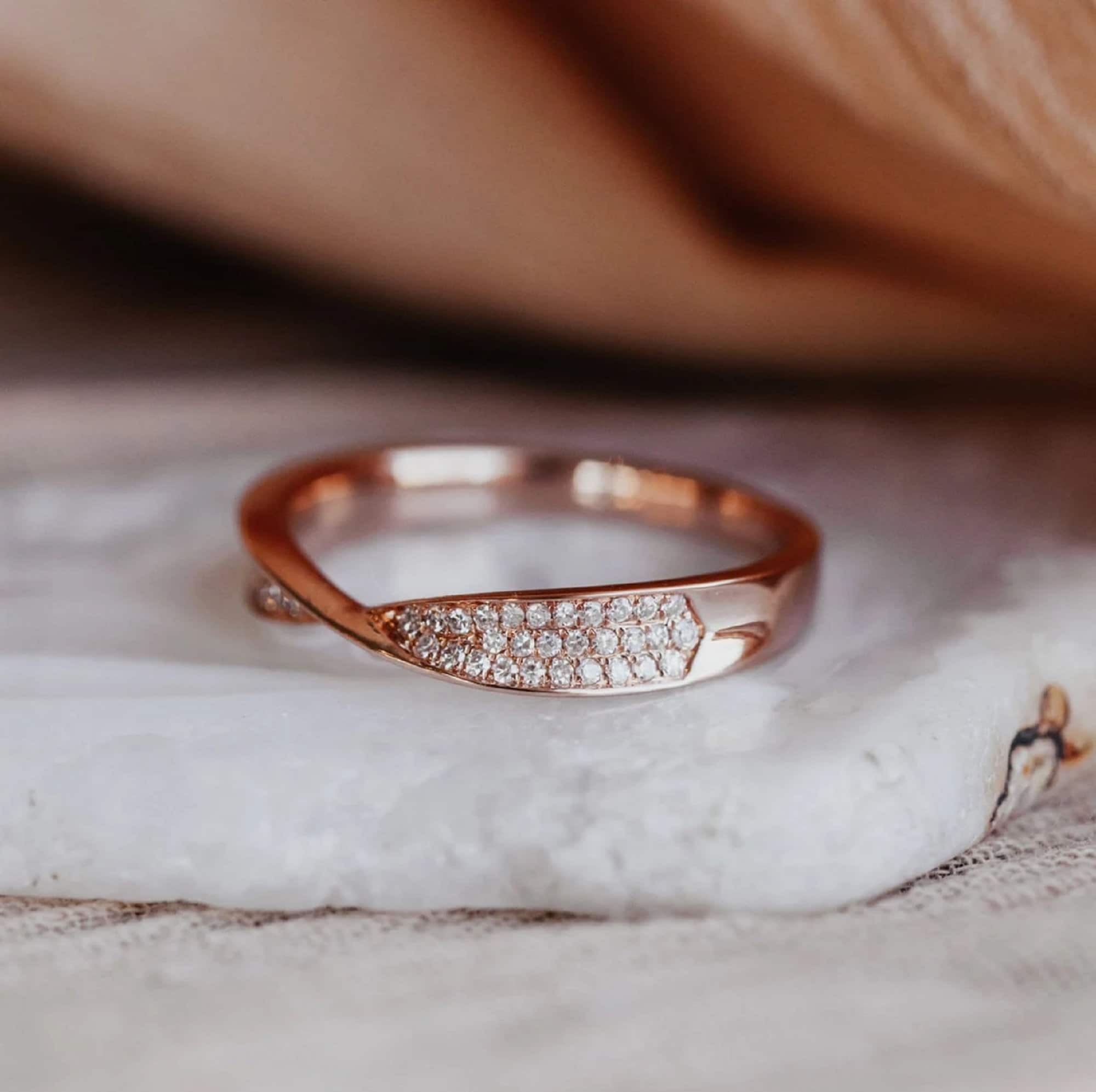 Bow Tie Shaped Diamond Wedding Band, 14k Rose Gold, Prong Channel Set ...