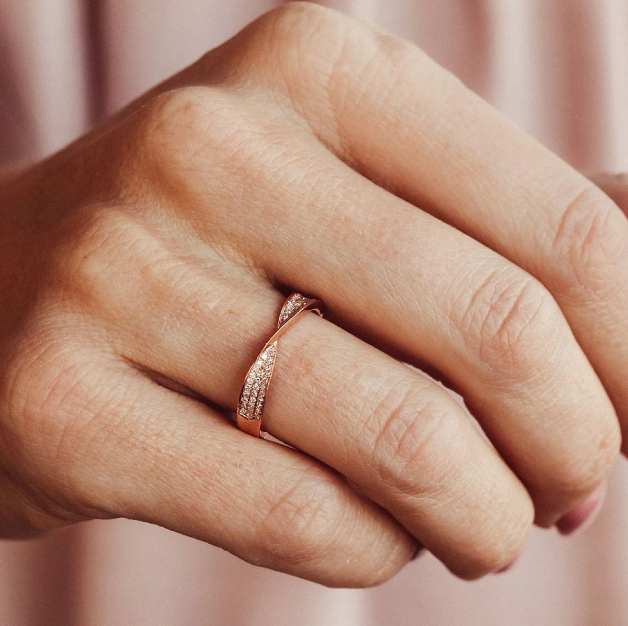 Bow Tie Shaped Diamond Wedding Band, 14k Rose Gold, Prong Channel Set ...