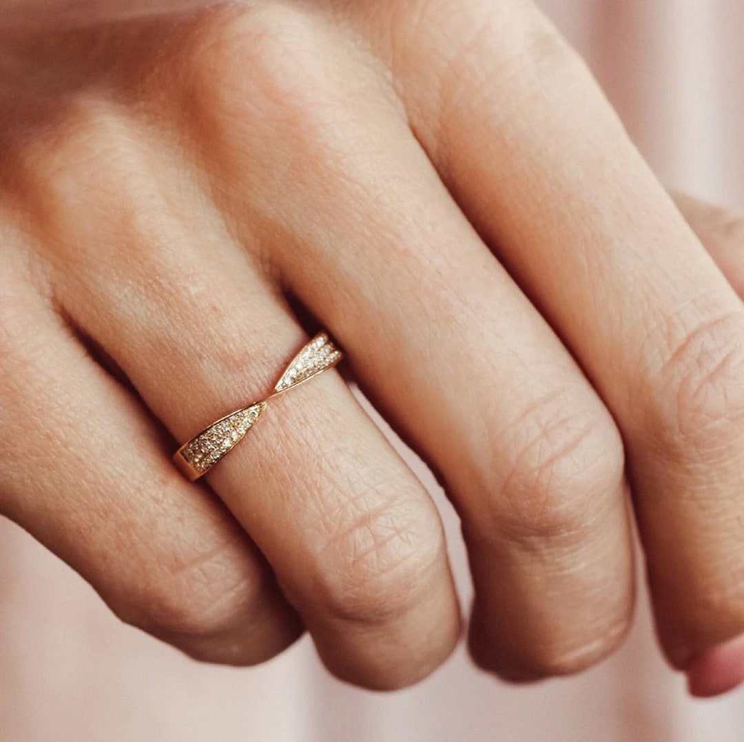 Bow Tie Shaped Diamond Wedding Band, 14k Rose Gold, Prong Channel Set ...