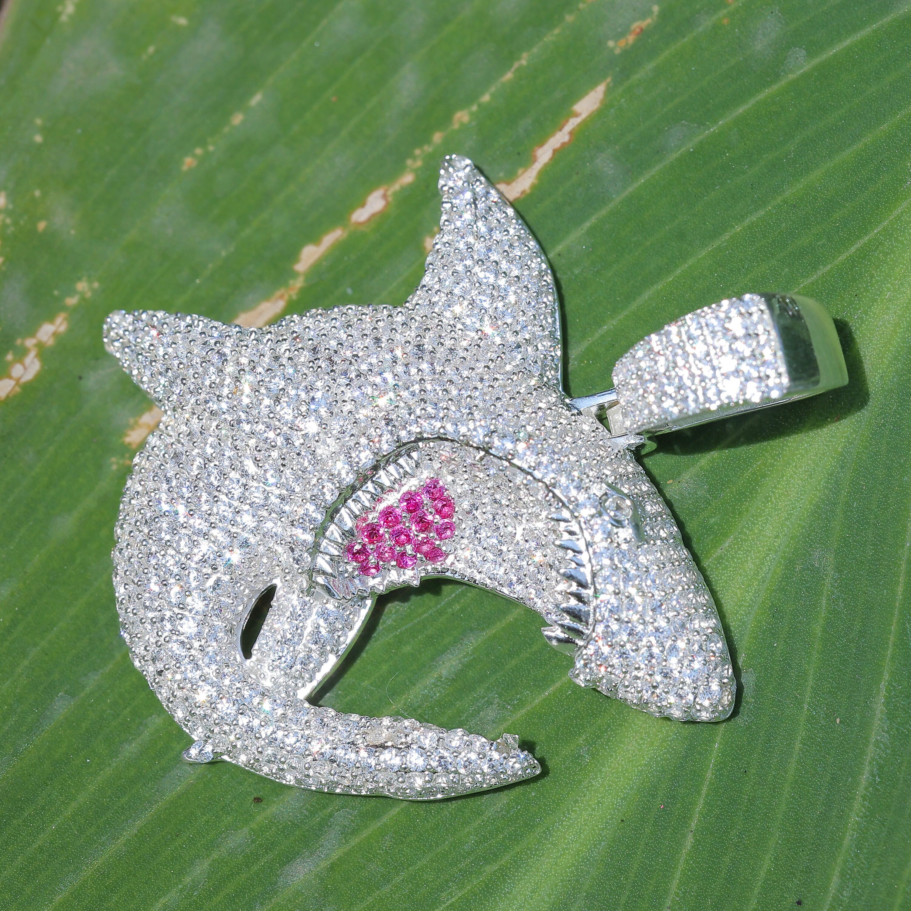 Men's Shark Pendant, 925 Silver Shark Jaws Pendant, Pave Set Round ...