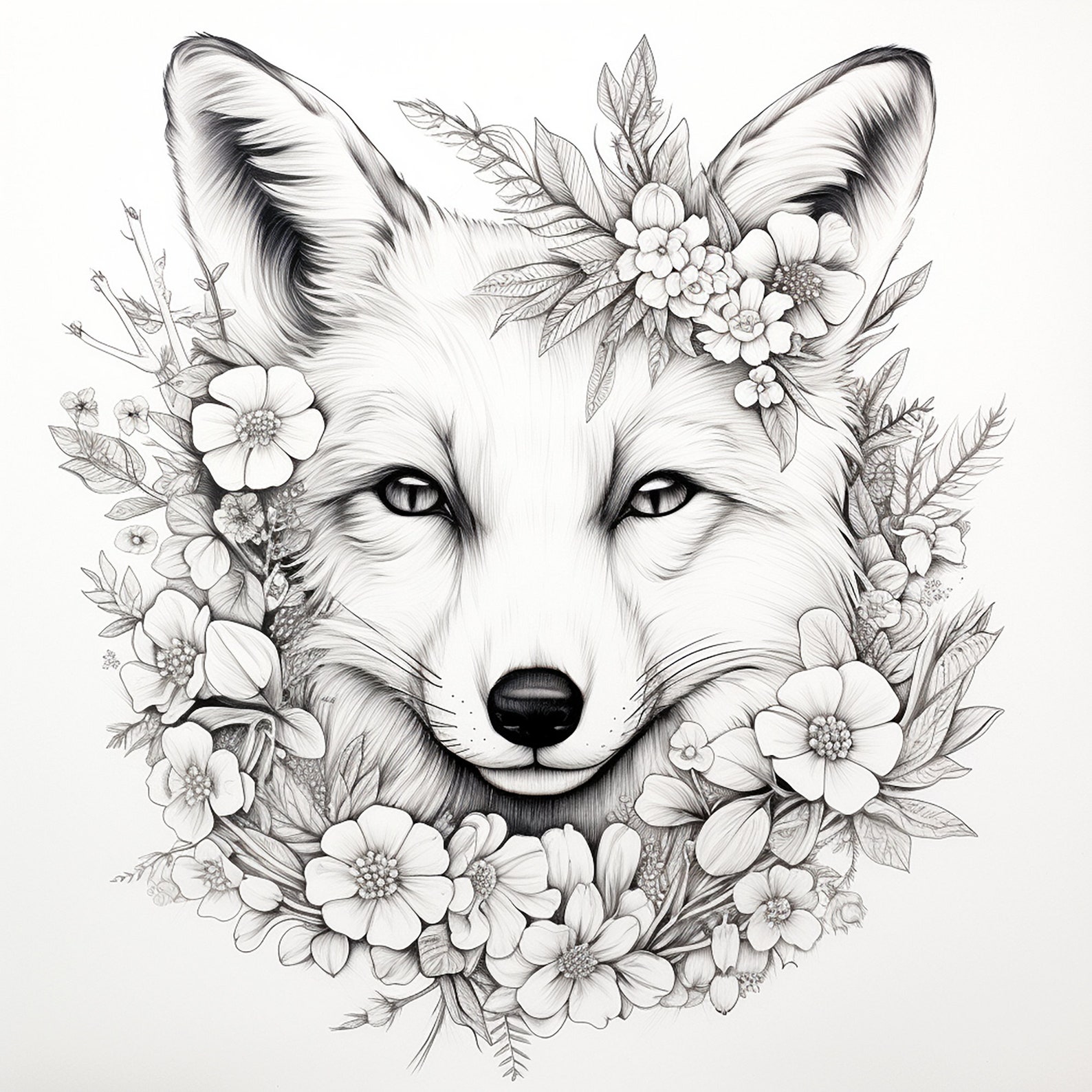 Fox in a Flower Crown Clip Art Illustration, Printable Coloring Page ...
