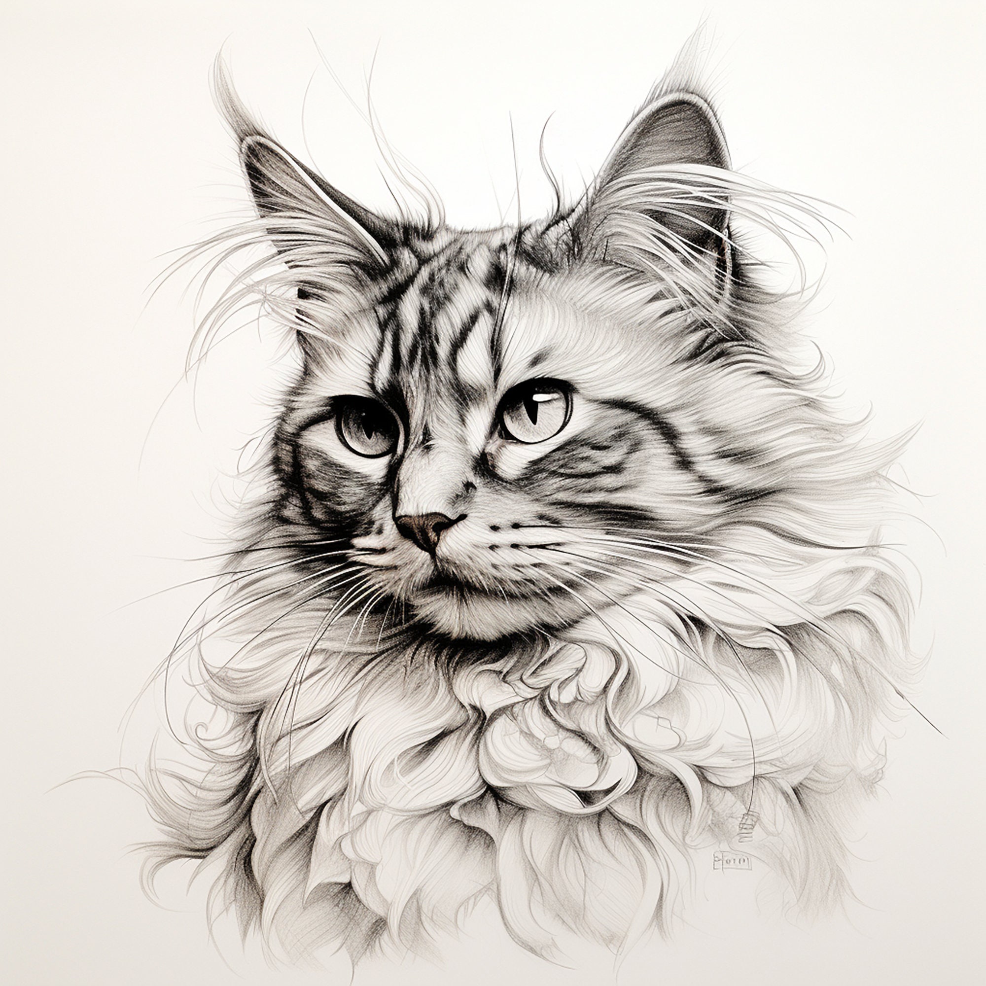 Siberian Cat Pet Portrait, Printable Fine Line Cat Drawing, Realistic ...