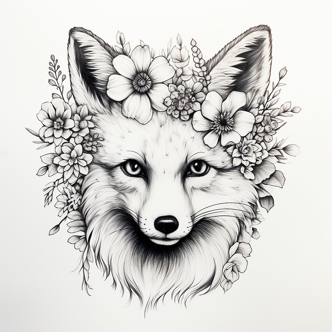 Fox Wearing Flower Crown, Printable Fine Line Wildlife Animal ...