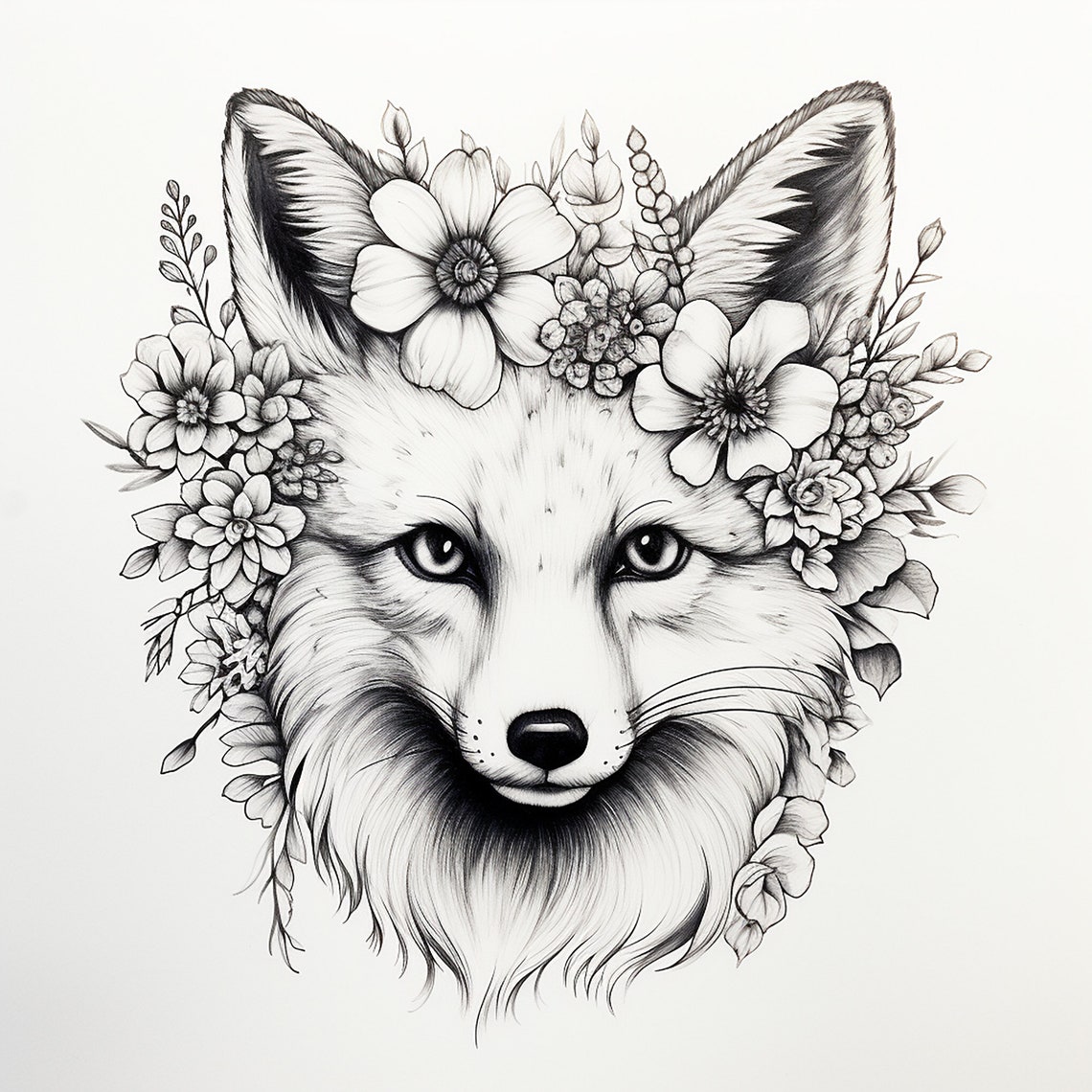 Fox Wearing Flower Crown, Printable Fine Line Wildlife Animal ...