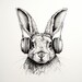 Rabbit Wearing Headphones Clip Art Illustration. Fine Line Pencil ...