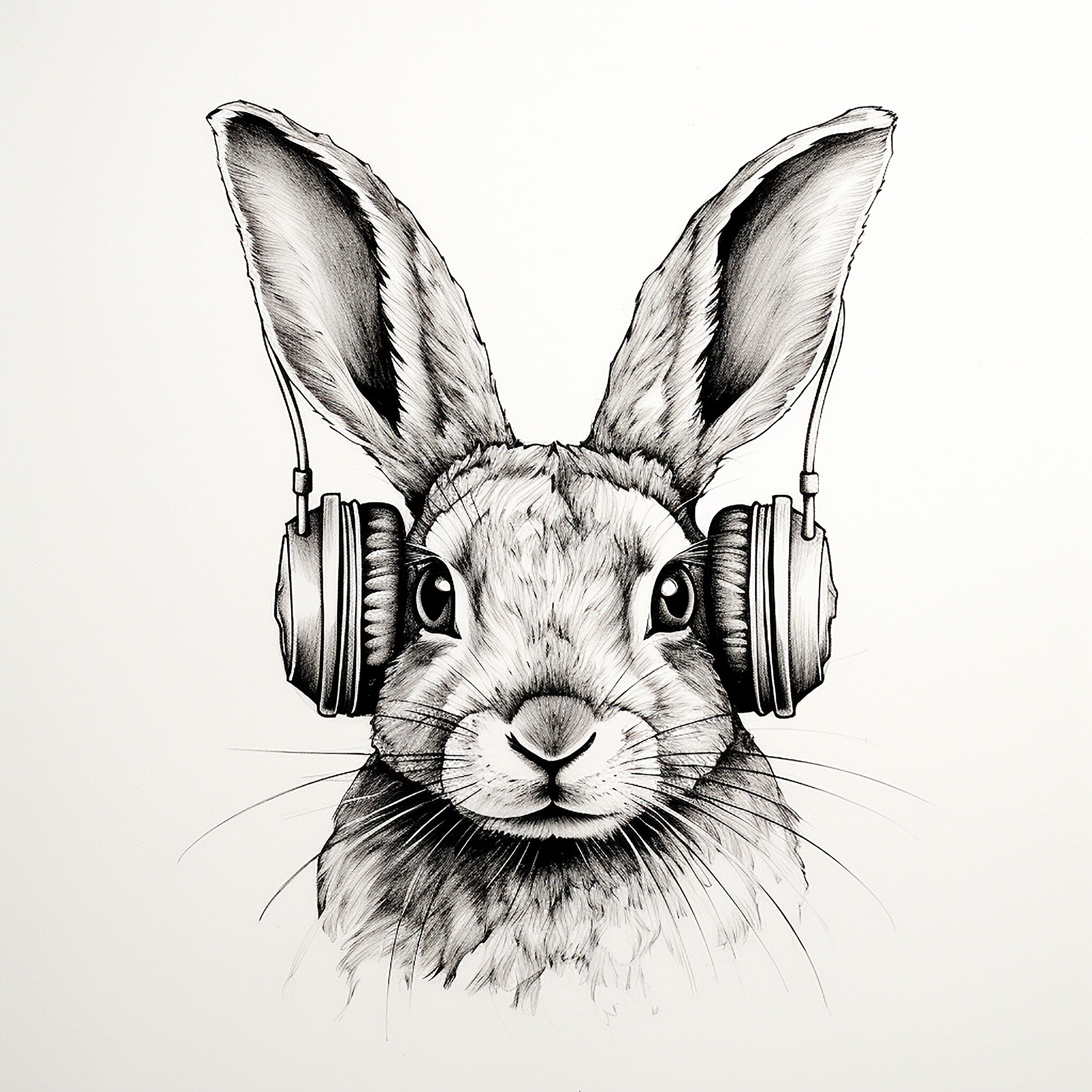Rabbit Wearing Headphones Clip Art Illustration. Fine Line Pencil ...