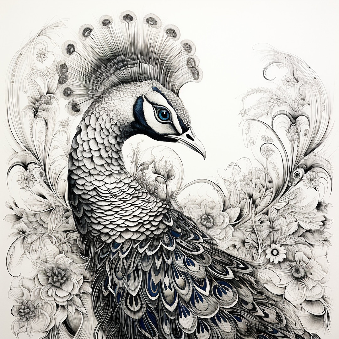 Peacock Detailed Fine Line Portrait, Printable Illustration for ...