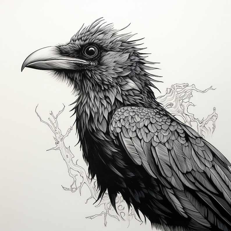 Crow Fine Line Clip Art Illustration, Printable Wild Bird Design for ...