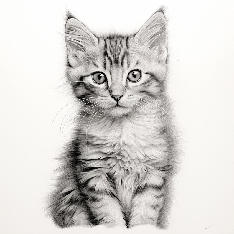 Kitten Fine Line Pencil Sketch, Printable Cat Pet Portrait for Sticker ...
