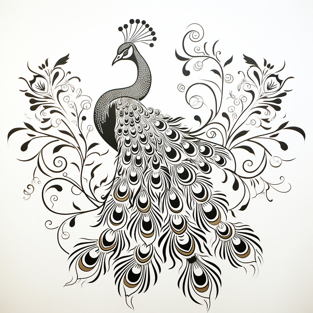 PEACOCK Beautiful Black Line Clip Art Feat. Long Feathered Tail W ...