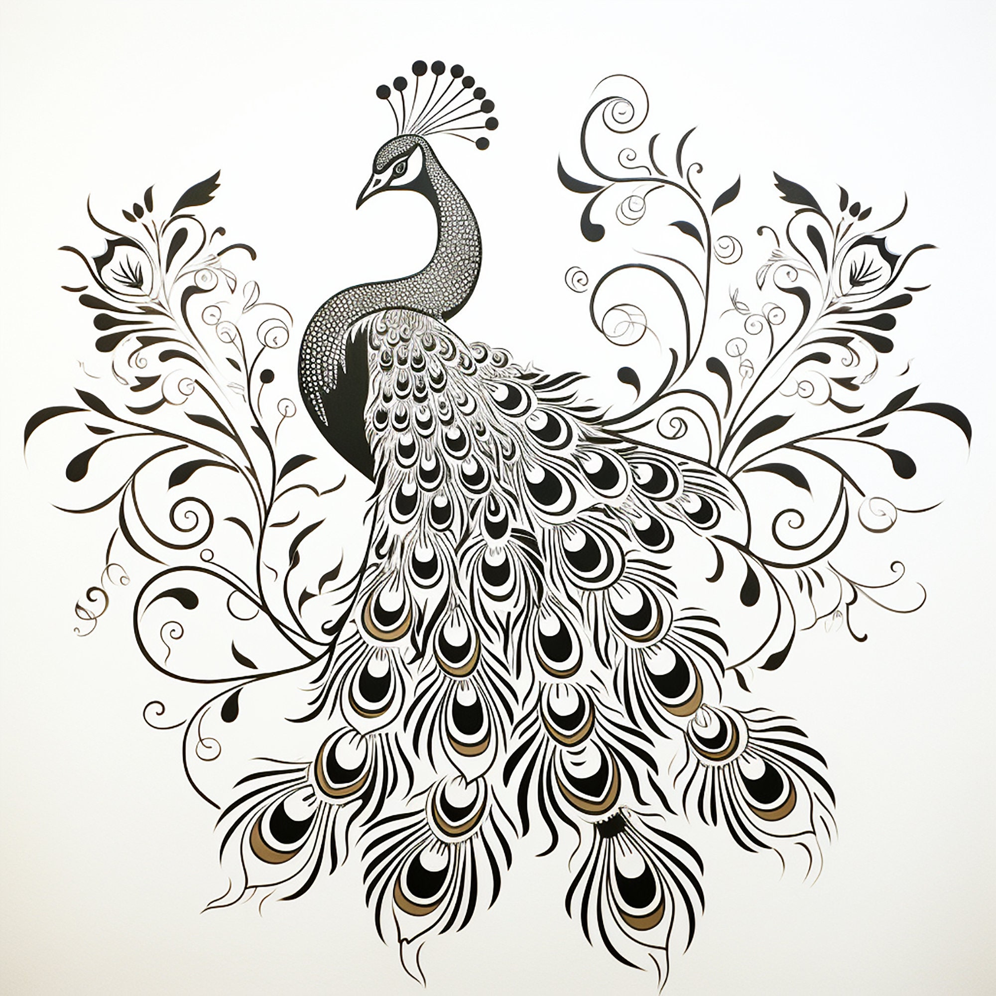 PEACOCK Beautiful Black Line Clip Art Feat. Long Feathered Tail W ...