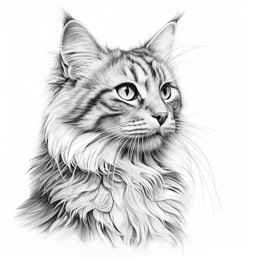 Siberian Cat Portrait: Fluffy Cat Drawing, Stencil, Logo (digital ...