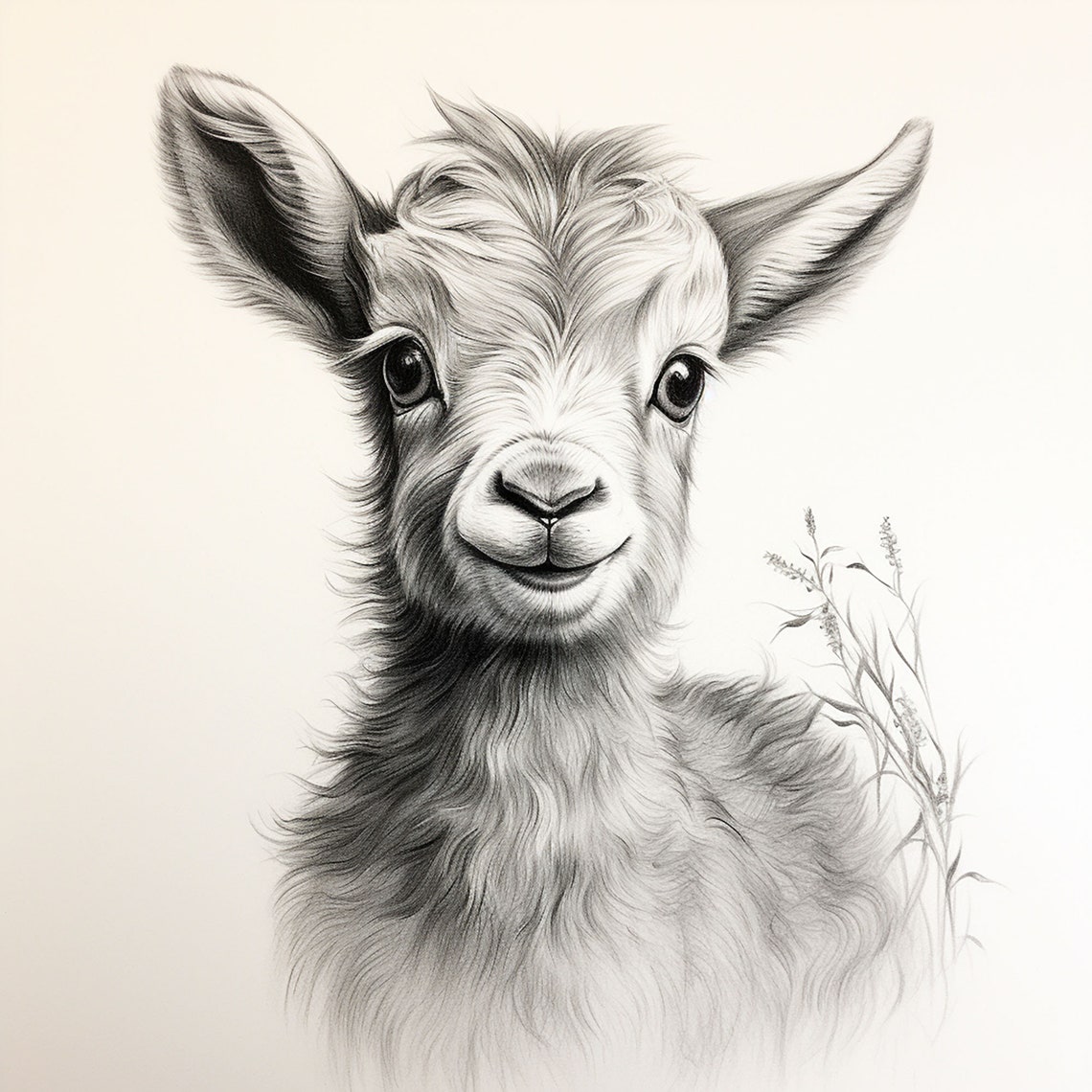 Baby Goat Pencil Drawing: Farm Animal Fine Line Art (digital Download ...