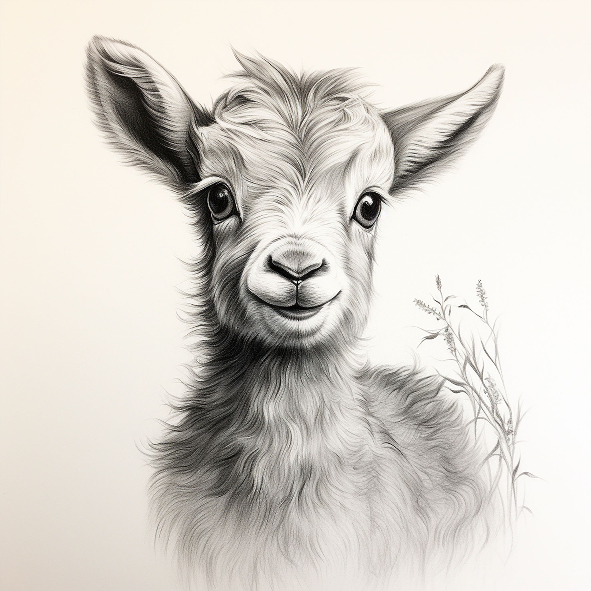 Baby Goat Fine Line Pencil Drawing, Printable Commercial Farm Animal ...