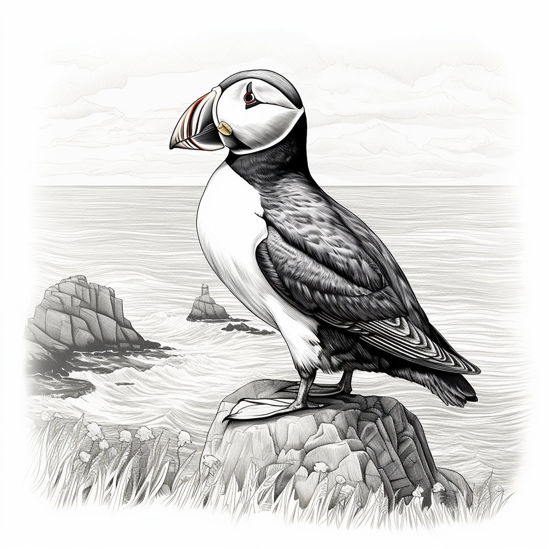 Puffin Black Line Portrait, Printable Bird Clip Art Illustration for ...
