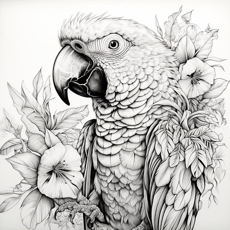 Parrot Fine Line Coloring Page Illustration, Printable Bird and Flower ...