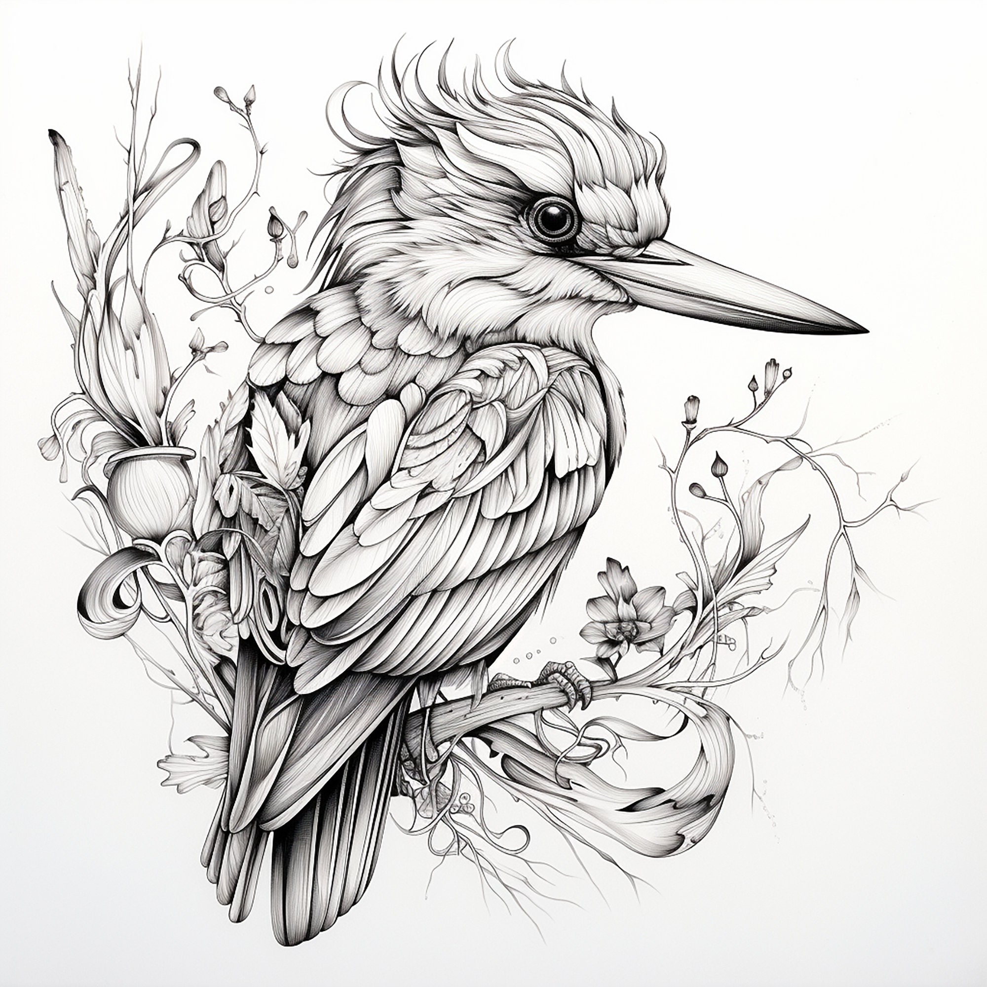Kingfisher Clip Art, Fine Line Wildlife Bird Portrait, Printable Decal ...
