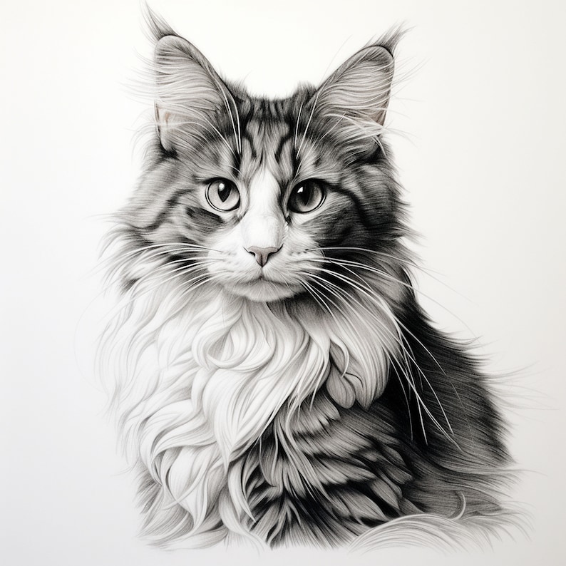 Fluffy Cat Fine Line Pet Portrait, Realistic Printable Cat Image for ...