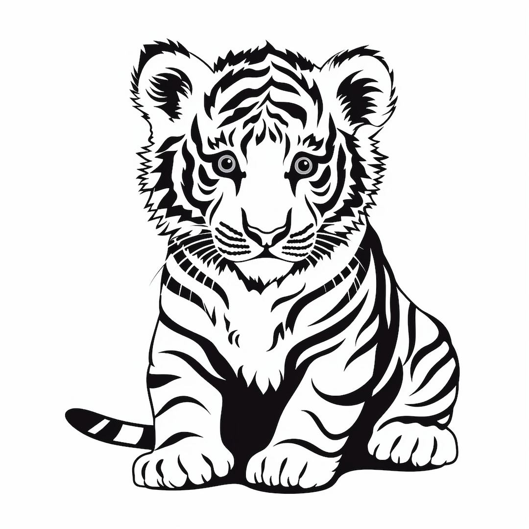 Baby Tiger Solid Line Clip Art Illustration, Simple Wildlife Animal ...
