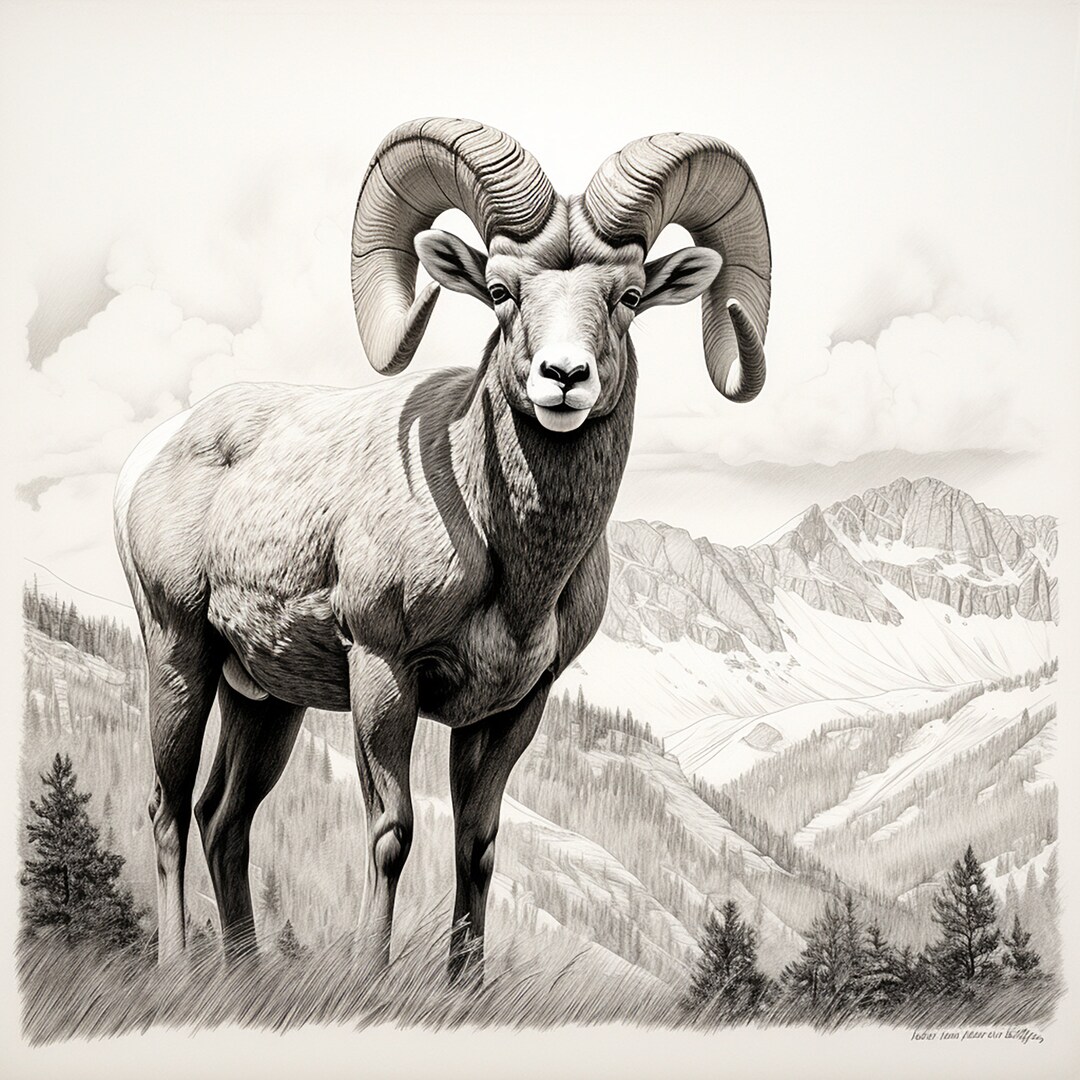 Bighorn Sheep Clip Art Illustration, Printable Wildlife Animal Portrait ...