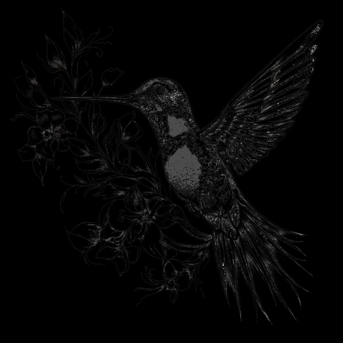 Hummingbird Black Line Art: Floral Stencil Tattoo Design (digital ...