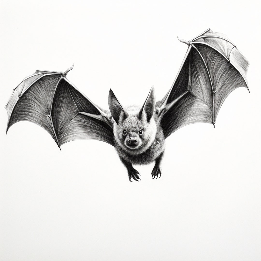 Flying Bat Fine Line Pencil Drawing, Printable Wildlife Animal Image ...