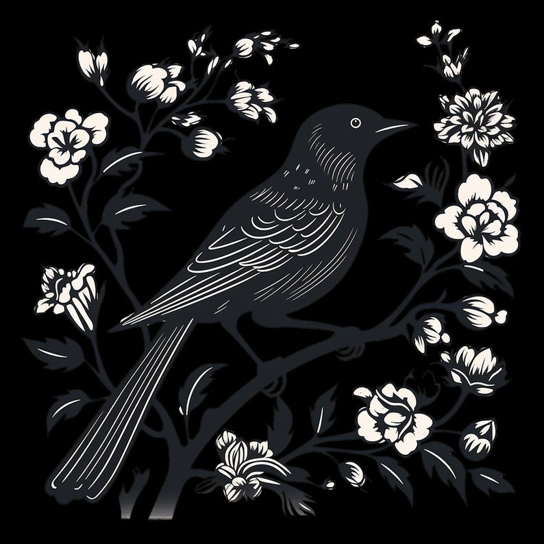 Nightingale Bird Clip Art: Black Line Stencil, Logo, Decal (digital ...