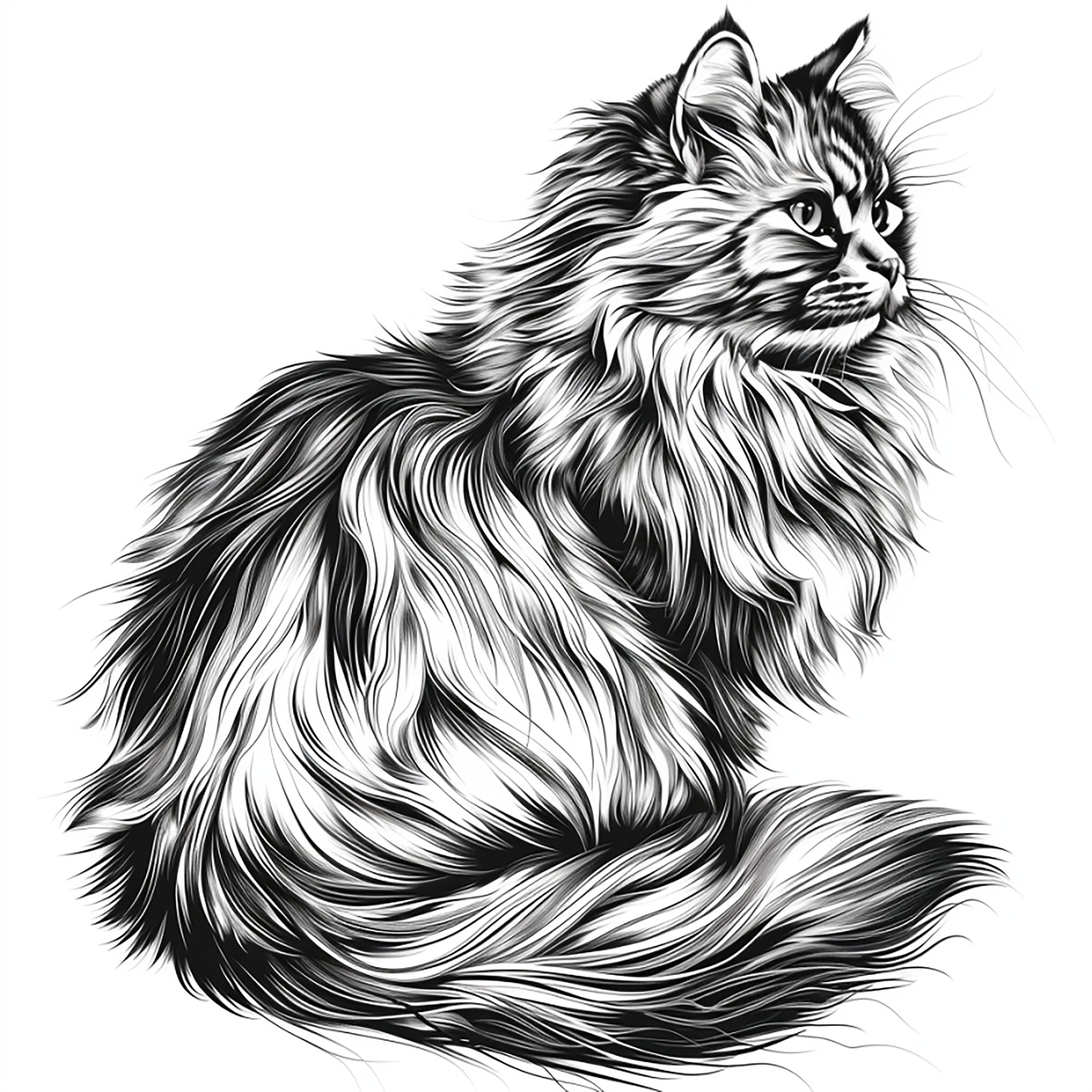 Longhair Cat Black Line Clip Art, Printable Animal Instant Download for ...