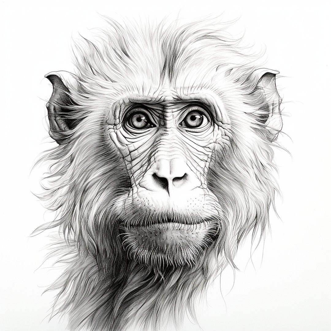 Macaque Monkey Fine Line Portrait: Wildlife Animal Drawing (digital ...