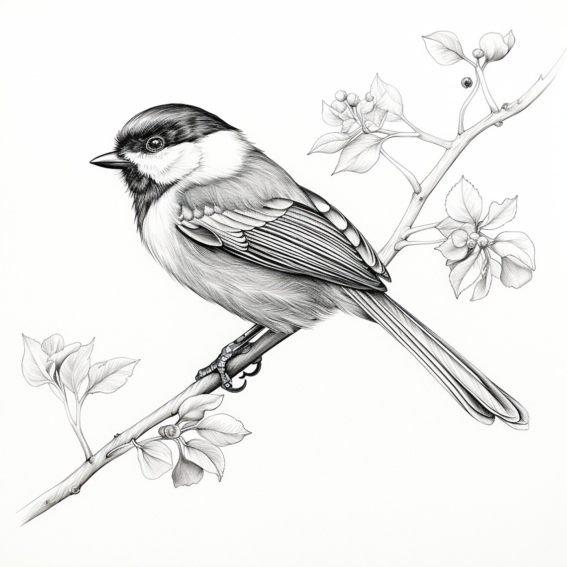 Chickadee Black Line Art: Printable Bird Illustration (PNG, JPEG ...
