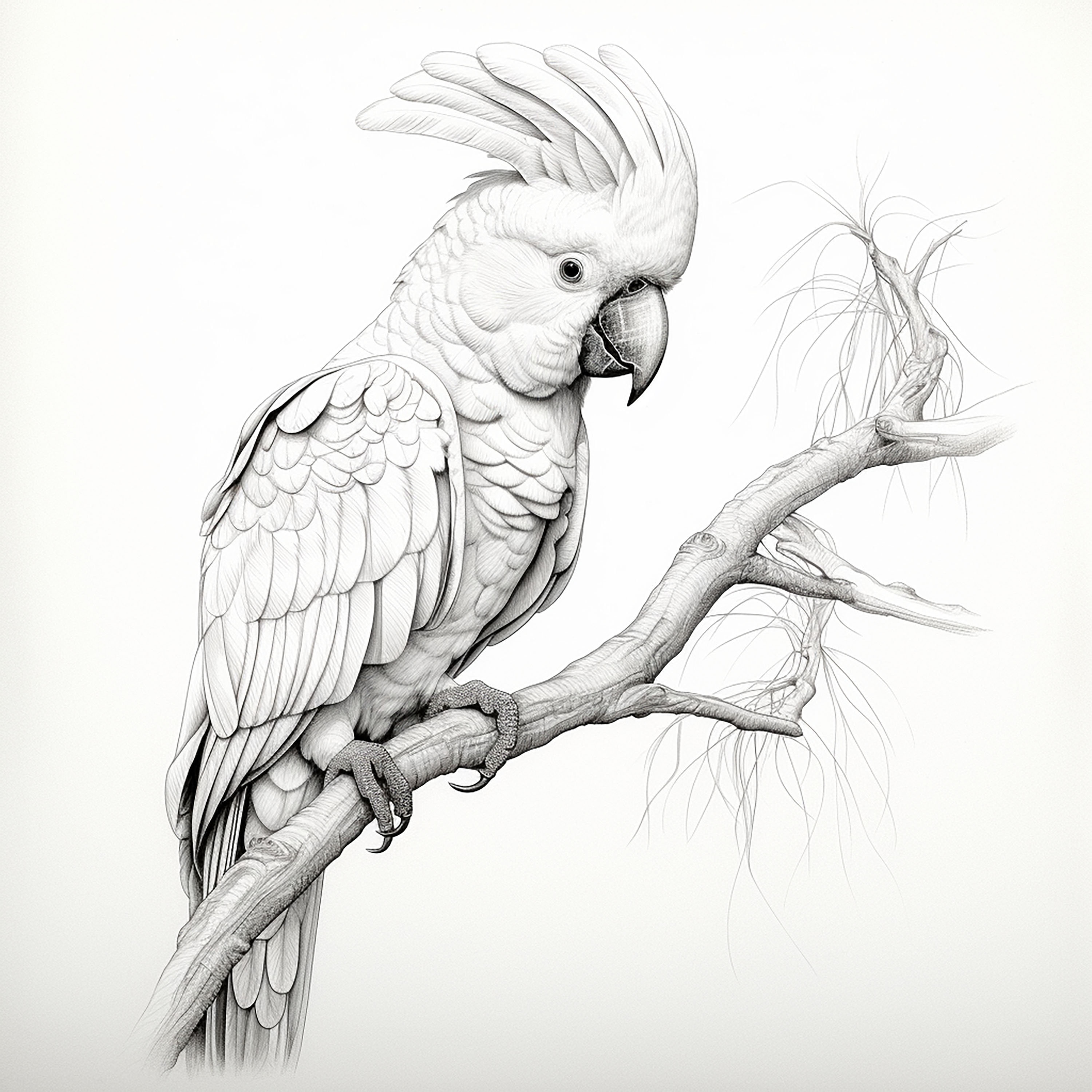 Cockatoo Fine Pencil Line Drawing Printable Bird Image For Coloring Sticker Logo Tattoo