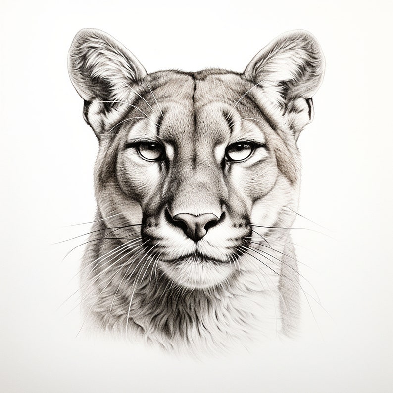 Puma Fine Line Pencil Drawing, Printable Commercial Wildlife Animal ...