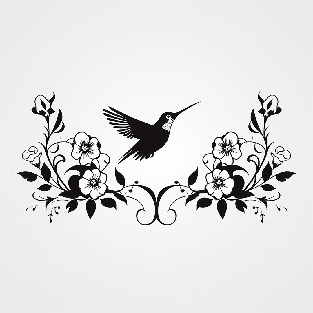 Hummingbird Floral Black Line Clip Art, Printable Bird Flourish for ...