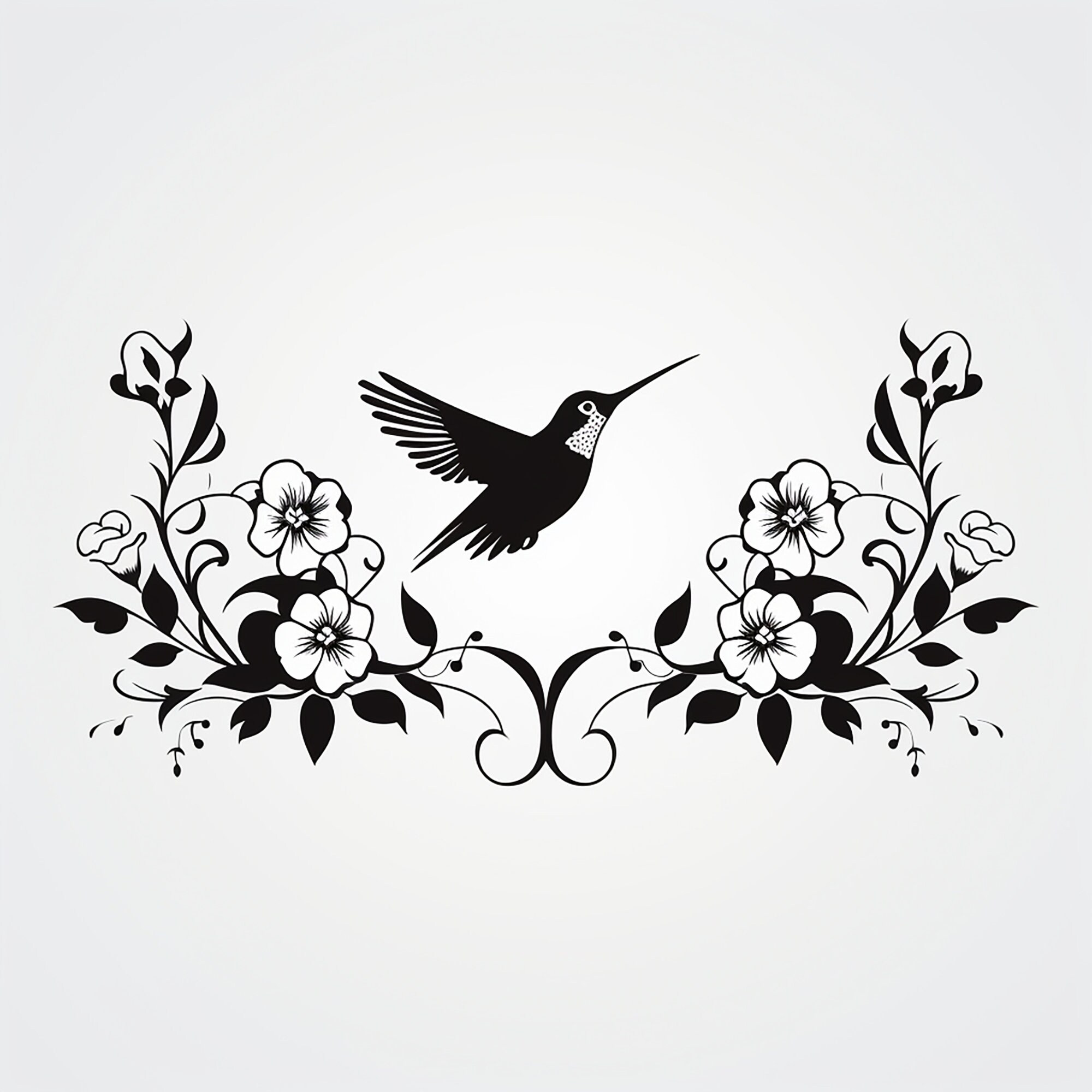 Hummingbird Floral Black Line Clip Art, Printable Bird Flourish for ...